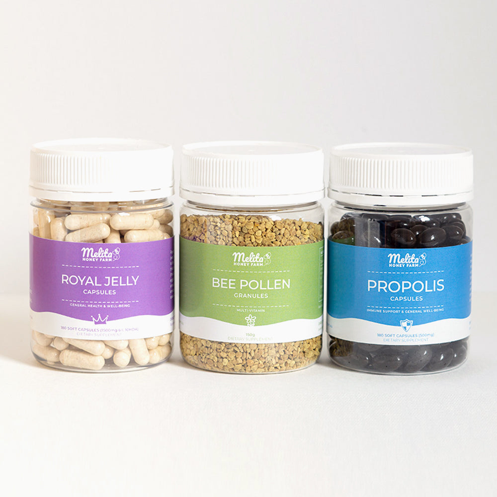 Propolis Capsules, Royal Jelly Capsules and Bee Pollen Granules Combo ...
